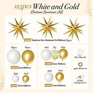 FOTIOMRG White and Gold Balloons Garland Arch Kit with 3pcs Starburst Balloons, Metallic Gold White for Wedding Engagement Baptism Bridal Shower Anniversary New Years Birthday Party Decorations