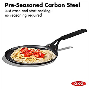 OXO Obsidian Pre-Seasoned Carbon Steel, 10" Crepe and Pancake Griddle Pan with Removable Silicone Handle Holder, Induction, Oven Safe, Black