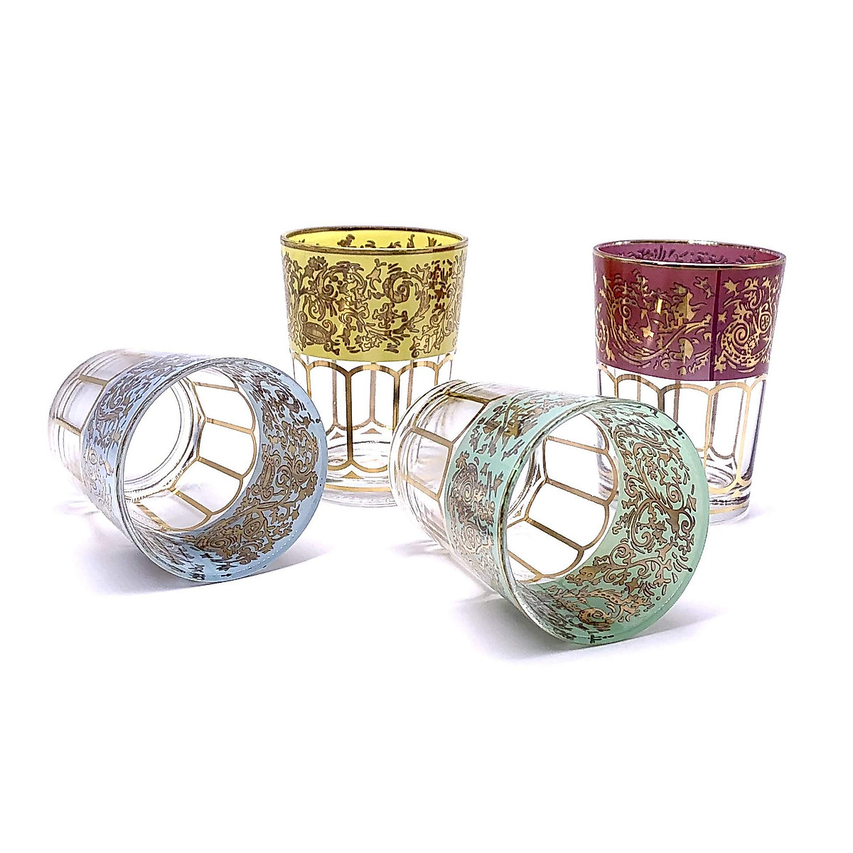 Big Gold Shot Glasses, Mini Juice Glasses, 4 oz Shot Glasses Set, Party Shot Glasses With Colorful Print, Small Stemless Wine Glass Set Of 4, 5oz Moroccan Tea Glasses