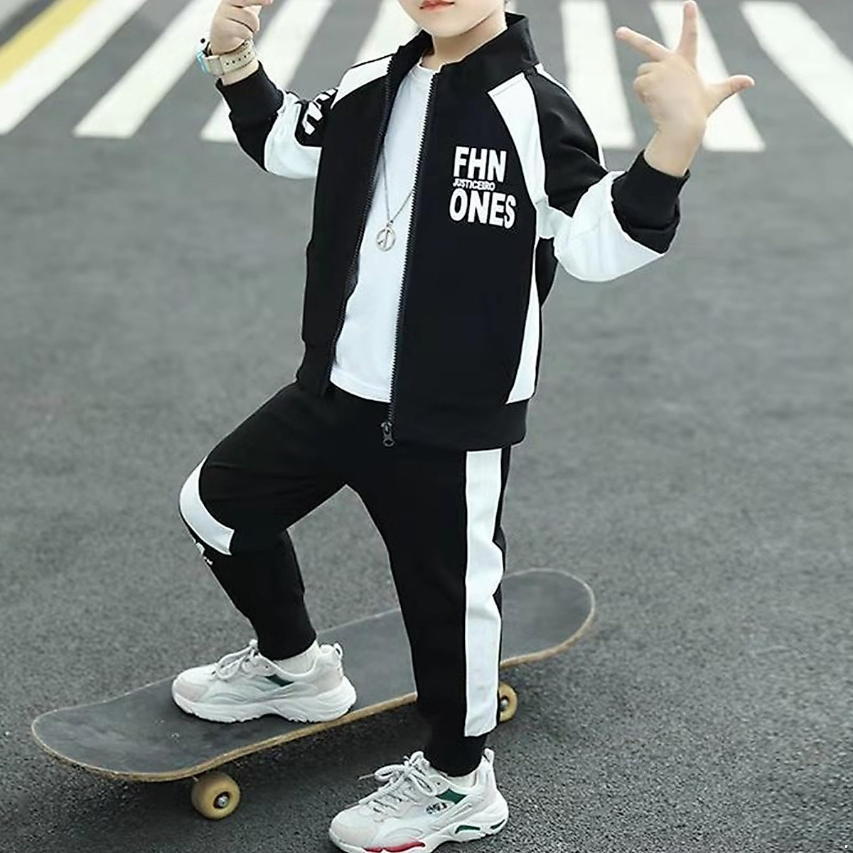 YEAHDOR Kids Boys 2 Piece Tracksuit Set Long Sleeve Hoodies Sweatshirt and Sweatpants Outfit Sport Athletic Activewear Black & white 7-8 Years