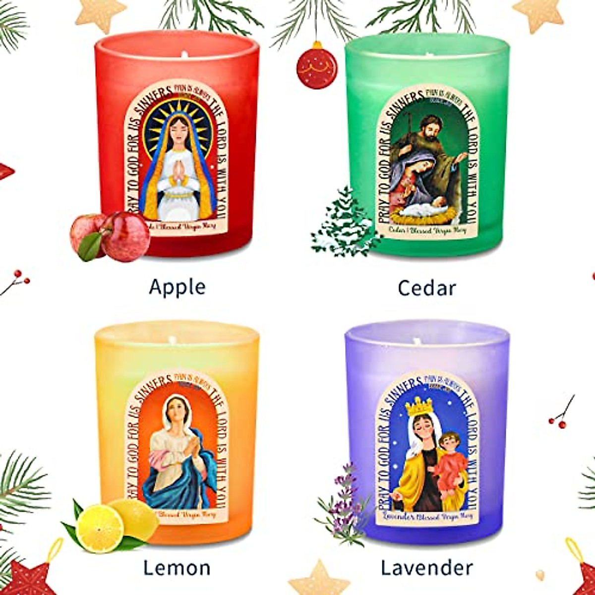 Virgin Mary Prayer Candles Christian Religions Saints Jesus Devotional Soy Wax Lavender, Cedar, Lemon and Apple Scented Glass Votive Candles for Altar, Mantle, Church - Set of 4