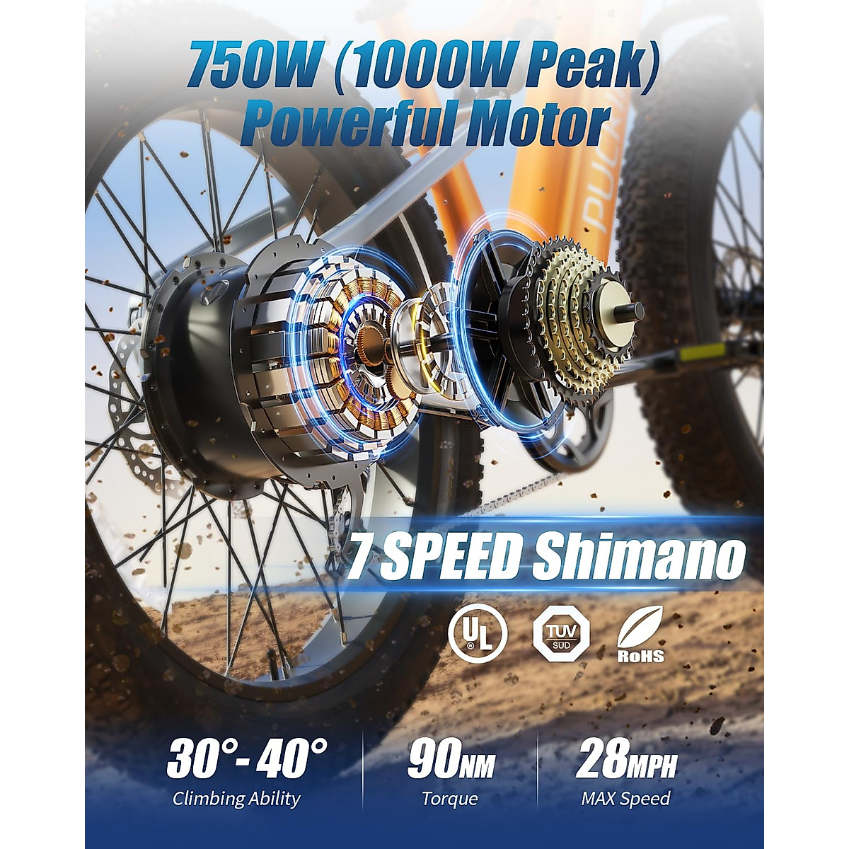 PUCKIPUPPY Electric Bike for Adults 1000W, 48V 20AH Battery Adult Electric Bicycles, 26" Fat Tire Full Suspension Ebike, 28MPH Mountain Beach E Bike, 7 Speed, 80Miles Range, UL Certified