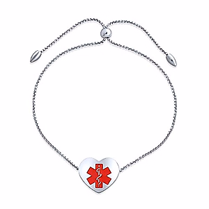 Personalize Customizable Heart Shape Charm Tag Medical ID Box Link Chain Bolo Bracelet Adjustable Engrave for Women Teen Silver Tone Stainless Steel Custom Engraved