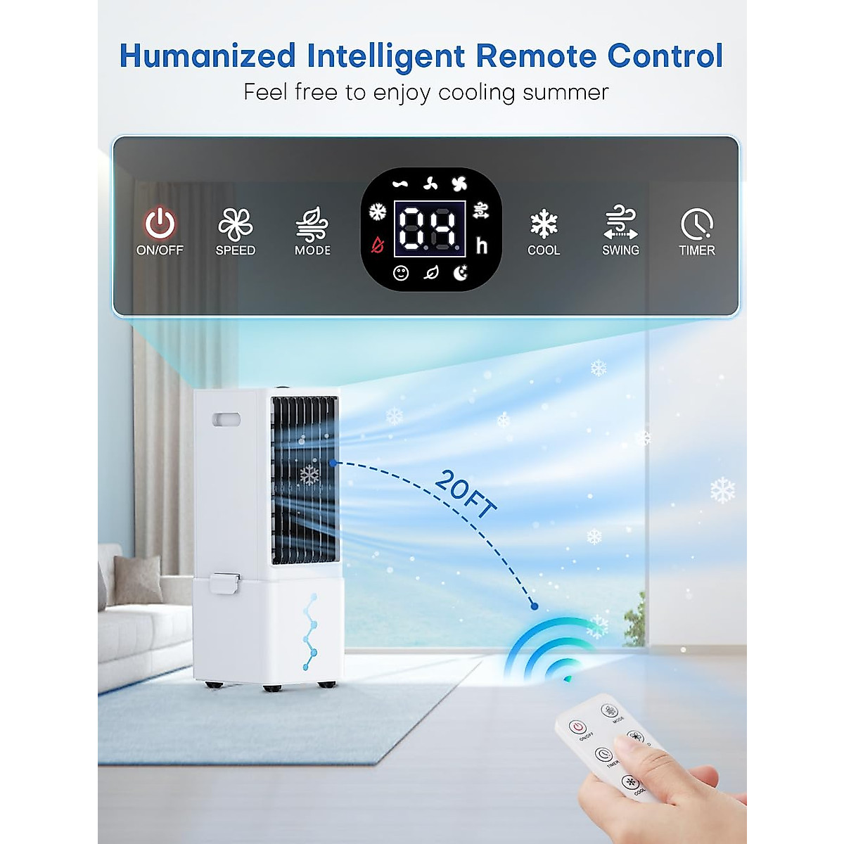 COOLECH Portable Air Conditioners w/Remote, 4 Modes & 3 Speeds, Waterless Alert System & 2.4-Gal Tank for 20H Cooling, 12H Timer for Auto Off, 3-IN-1 Evaporative Air Cooler for Room Bedroom Office