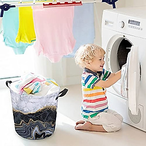 Collapsible Abstract Agate Marble Laundry Basket Waterproof White Black Gold Laundry Hamper Freestanding Large Cloth Storage Bin With Handles for Household Bedroom Bathroom