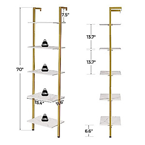 ELYKEN Ladder Shelf, Gold and White 5-Tier Wood Wall Mounted Bookshelf with Metal Frame, Modern Open Display Organizer Rack, Leaning Storage Shelves for Living Room, Bedroom, Home Office