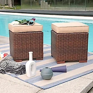 Patiorama 2 Pieces Assembled Outdoor Patio Ottoman, Indoor Outdoor All-Weather Dark Brown Wicker Rattan Outdoor Footstool Footrest Seat with Beige Cushions, No Assembly Required