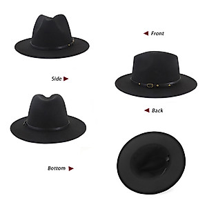 Womens Vintage Wide-Brim Fedora-Hat with Belt-Buckle Panama Hat for Women (Black 1pc, M:56-58cm/22.4-23.2inch)
