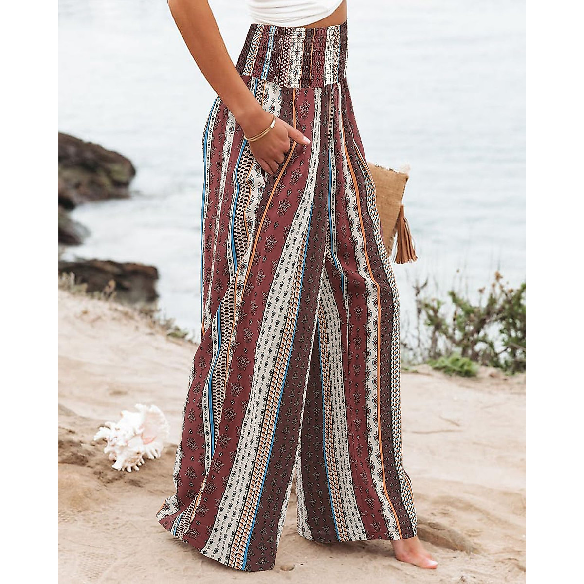 Angerella High Waisted Palazzo Pant for Women Comfy Soft Wide Leg Flowy Pants for Women BrownStripe S