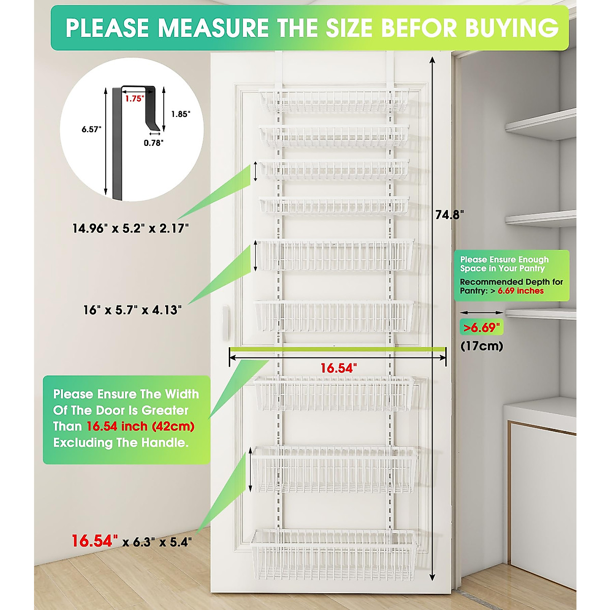 Mefirt White 9-Tier Over The Door Pantry Organizer, Pantry Organization and Storage, Deep Baskets Hanging Heavy-Duty Metal, Wall Spice Rack Seasoning Shelves for Home & Kitchen, Laundry Room Bathroom