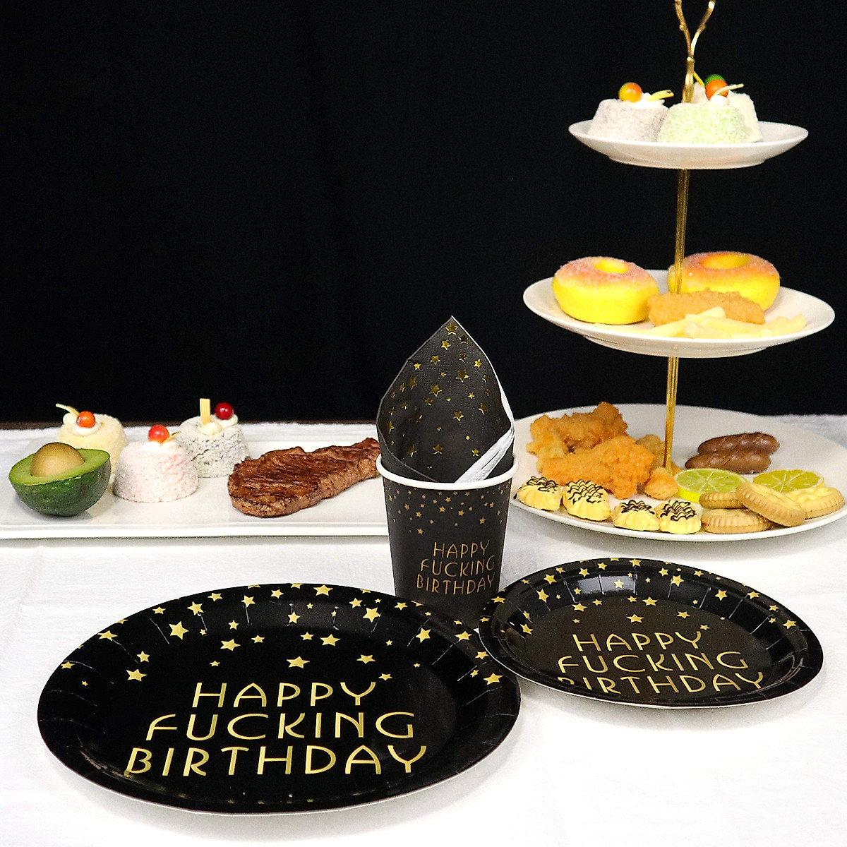 Pandecor 120 PCS Black and Gold Happy FING Birthday party supplies -Serves 30- Include Dinner Plates,Dessert Plates,Cups and Napkins for Adult Funny Birthday Party