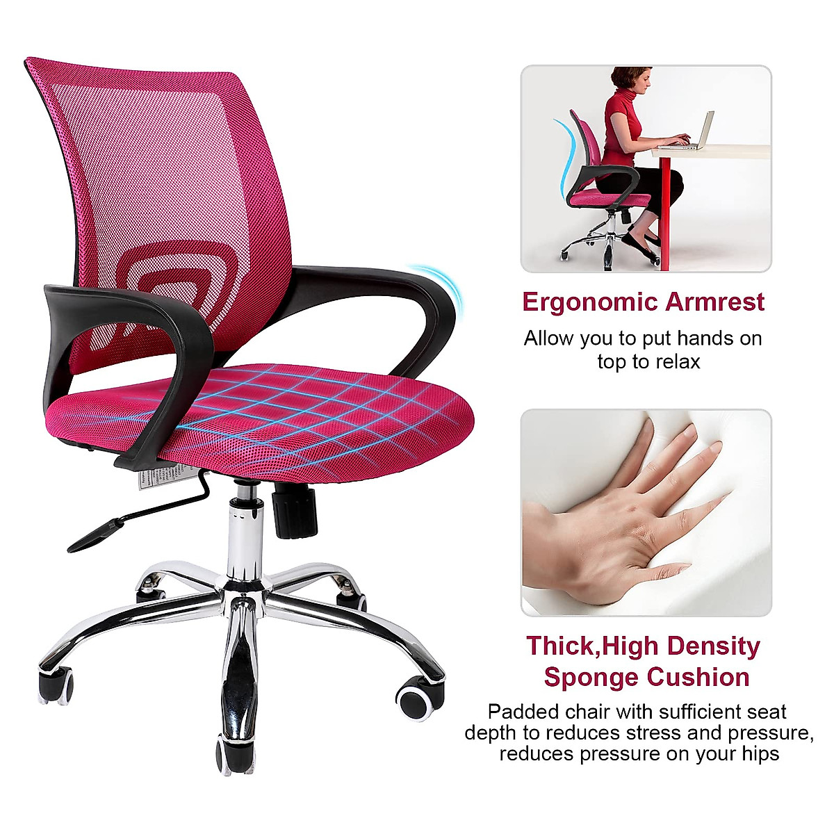 InfiniPower Task Ergonomic Mesh Computer Wheels and Arms and Lumbar Support Study Chair for Students Teens Men Women for Dorm Home Office, Pink