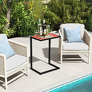 Tangkula C-Shaped Outdoor Side Table, Patio Snack Table w/Ceramic Top & Anti-Rust Metal Frame, Small End Table for Couch, Sofa & Bed, Outdoor & Indoor Accent Table for Living Room, Poolside, Balcony