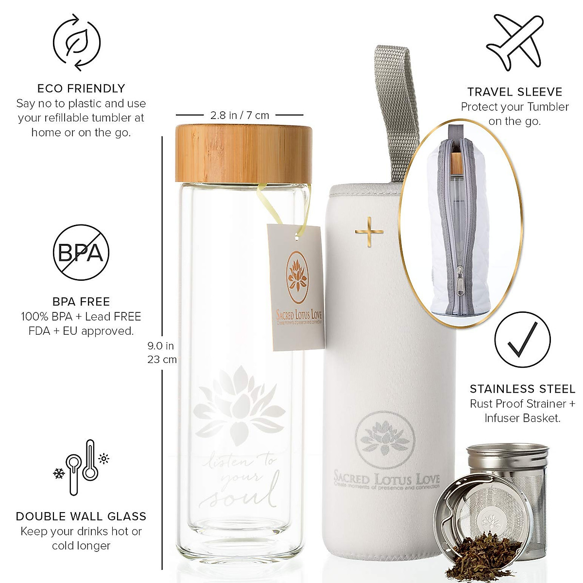 The Lotus Glass Tea Tumbler with Strainer & Infuser Basket for Loose Leaf Tea. Leak-Proof Lid. BPA Free. Double-Walled Glass Travel Tea Cup. 15 ounces