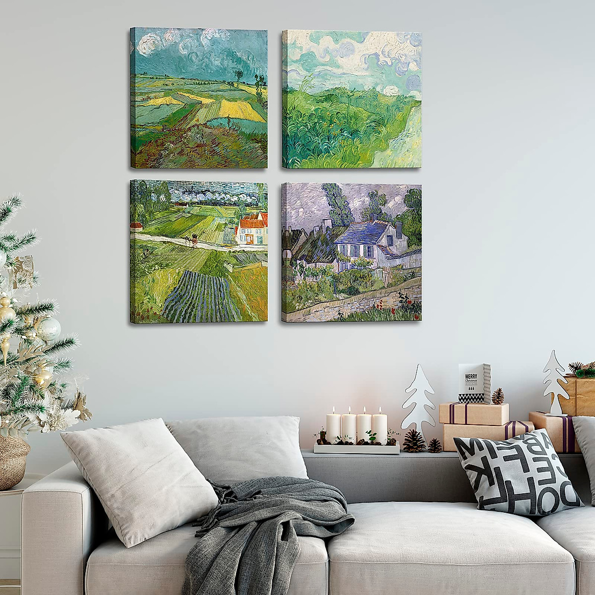 Landscape with a Carriage by Vincent Van Gogh Classic Oil Paintings Artwork, Green Wheat Fields, Houses at Auvers Canvas Wall Art Print for Living Room, Bedroom Office Bathroom Decor - 12"x12"