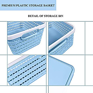 5Pack Plastic Storage Basket Blue, Desktop Weave Baskets with Handle, Portable Bathroom Open Storage Bin, Small Plastic Containers Shelf Brackets for Shelves Countertop Kitchen Cabinet Office