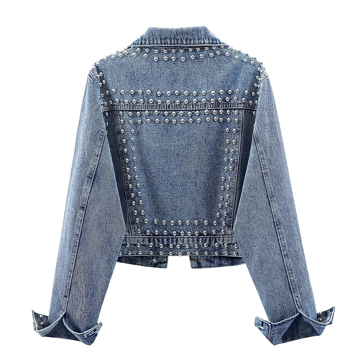 Women's Fashion Cropped Jean Jacket Lapel Long Sleeve Button Down Studded Short Rivet Denim Jacket Coat