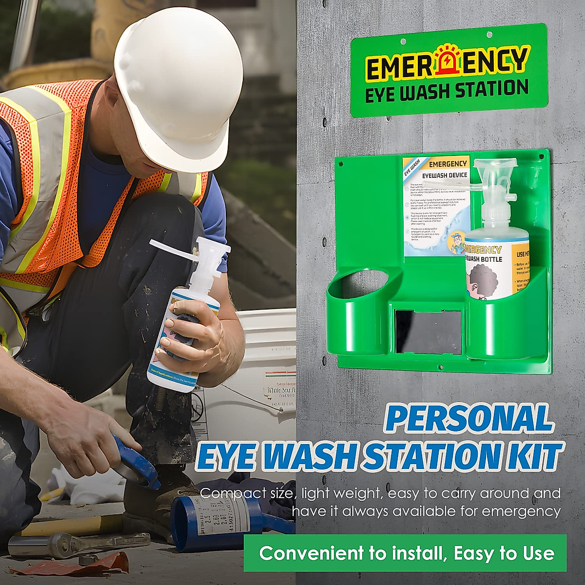 Frifreego Eye Wash Station Portable Eye Wash Kit for Emergency, Emergency Eye Wash Station with Two Bottles of 16 Ounce, Wall Mount Eyewash kit with Mirror & Emergency Sign, Personal Use, No Liquid