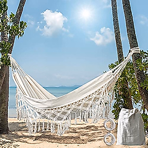 LALA IKAI Macrame Fringe Hammock Boho Balcony Hammock Handmade Tassels Hammock 2 Person Double Hammock 450lbs for Home,Outdoor,Backyard,Beach,Patio
