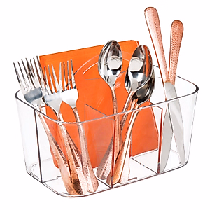 mDesign Plastic Cutlery Storage Organizer Caddy Bin Tote with Handle - Kitchen Cabinet Divided Pantry Basket for Forks, Knives, Spoons, Napkins, Indoor/Outdoor Use, Lumiere Collection, Clear