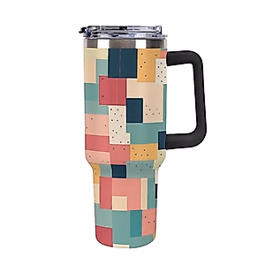 Colorful Blocks 40 Oz Stainless Steel Cup Travel Tumbler with Handle and Straw Lightweight Coffee Mug for Home Office