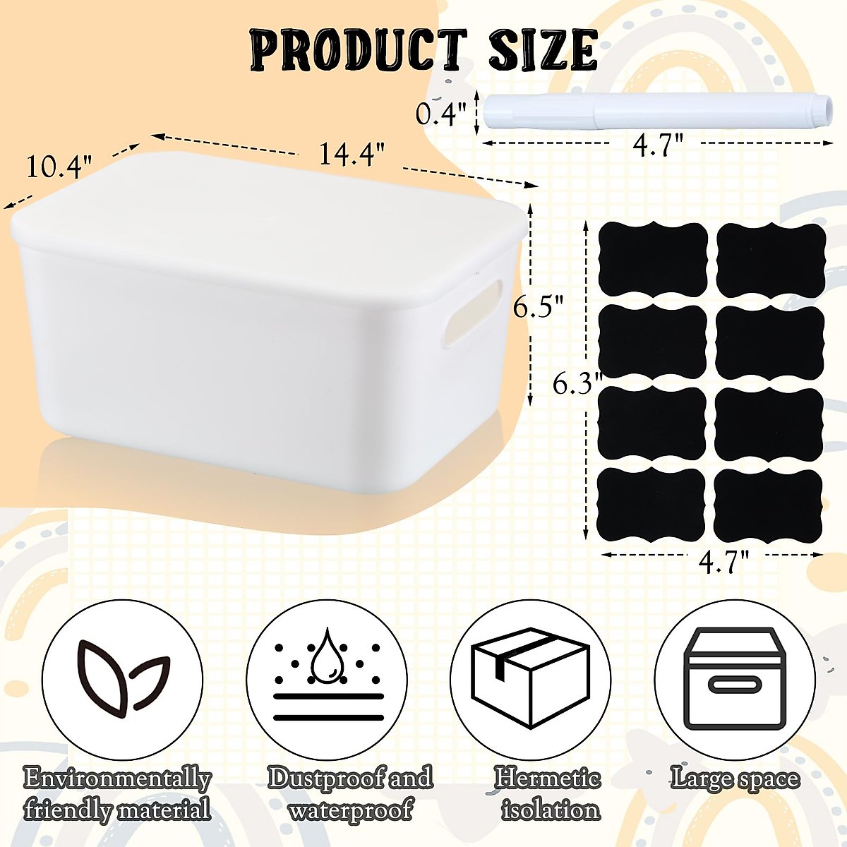 BBTO 8 Pcs White Plastic Storage Organizer Bins with Lids Large Stackable Storage Boxes with Handle Organizing Containers Including Labels and Markers for Family Organization, 14.4 x 10.4 x 6.5 Inch