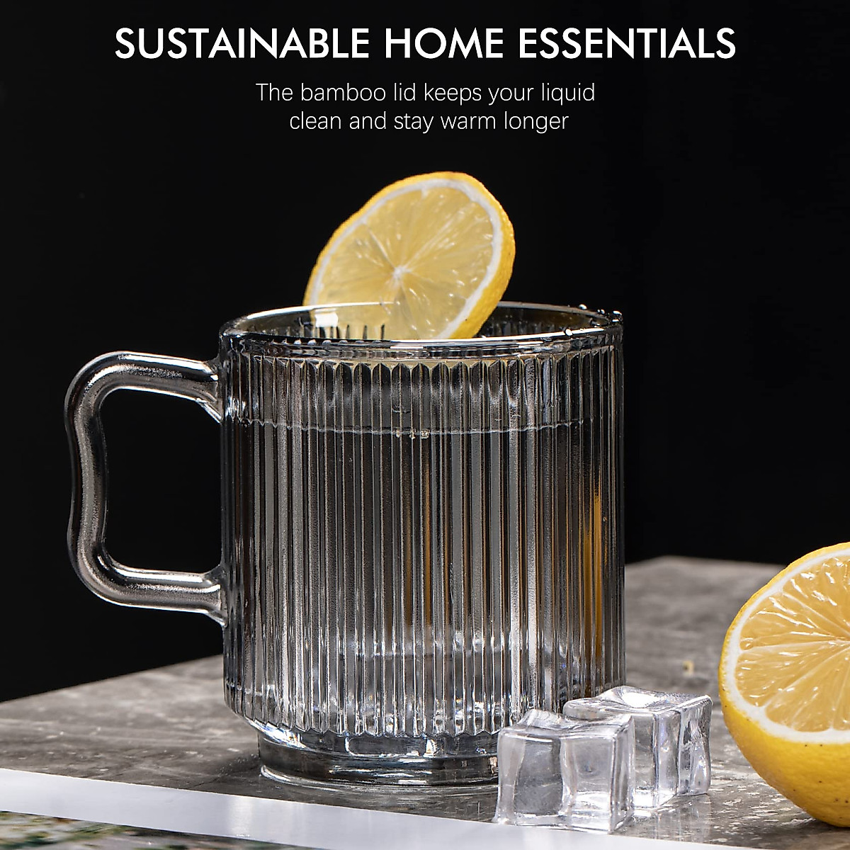 Leadiy Pink Glass Coffee Mug with Lid, Clear Glass Coffee Cups, Classical Vertical Stripes Coffee Mugs for Latte Juice Tea 12.5 Ounces