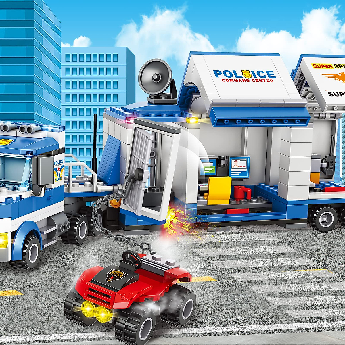 City Police Mobile Command Center Truck Building Blocks Kit Toys, Police Vehicles Series Prison Break Jail Set with Action Cop Motorbike, ATV, Arms Play Set for Boys and Kids Age 5+ (483 Pieces)