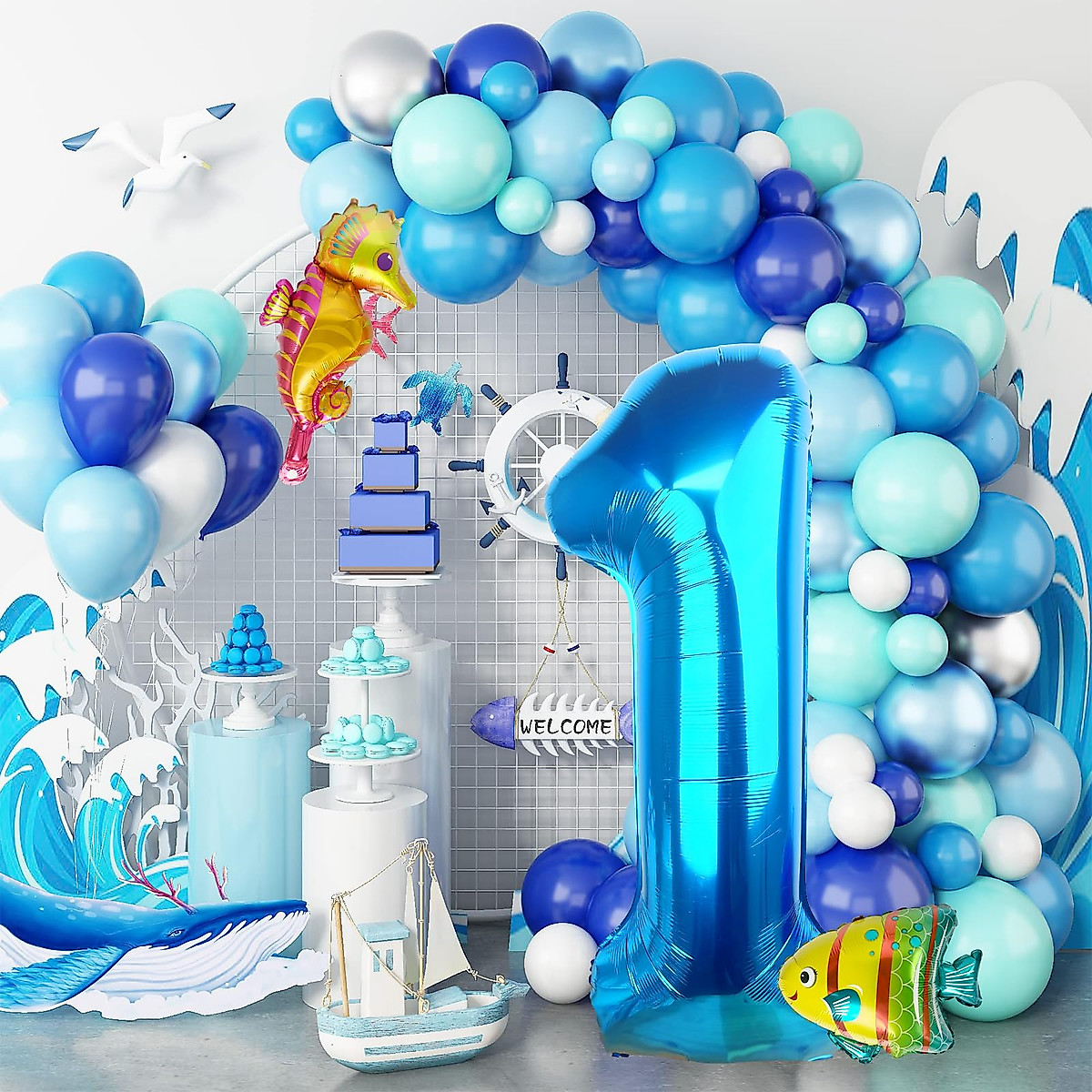 40 Inch Under the Sea Blue Number 1 Balloon, Mini Sea Animal Balloons Ocean Animal Foil Balloon, Seahorse Fish Balloons for Boys Girls Sea Theme 1st Birthday Baby Shower Party Decoration