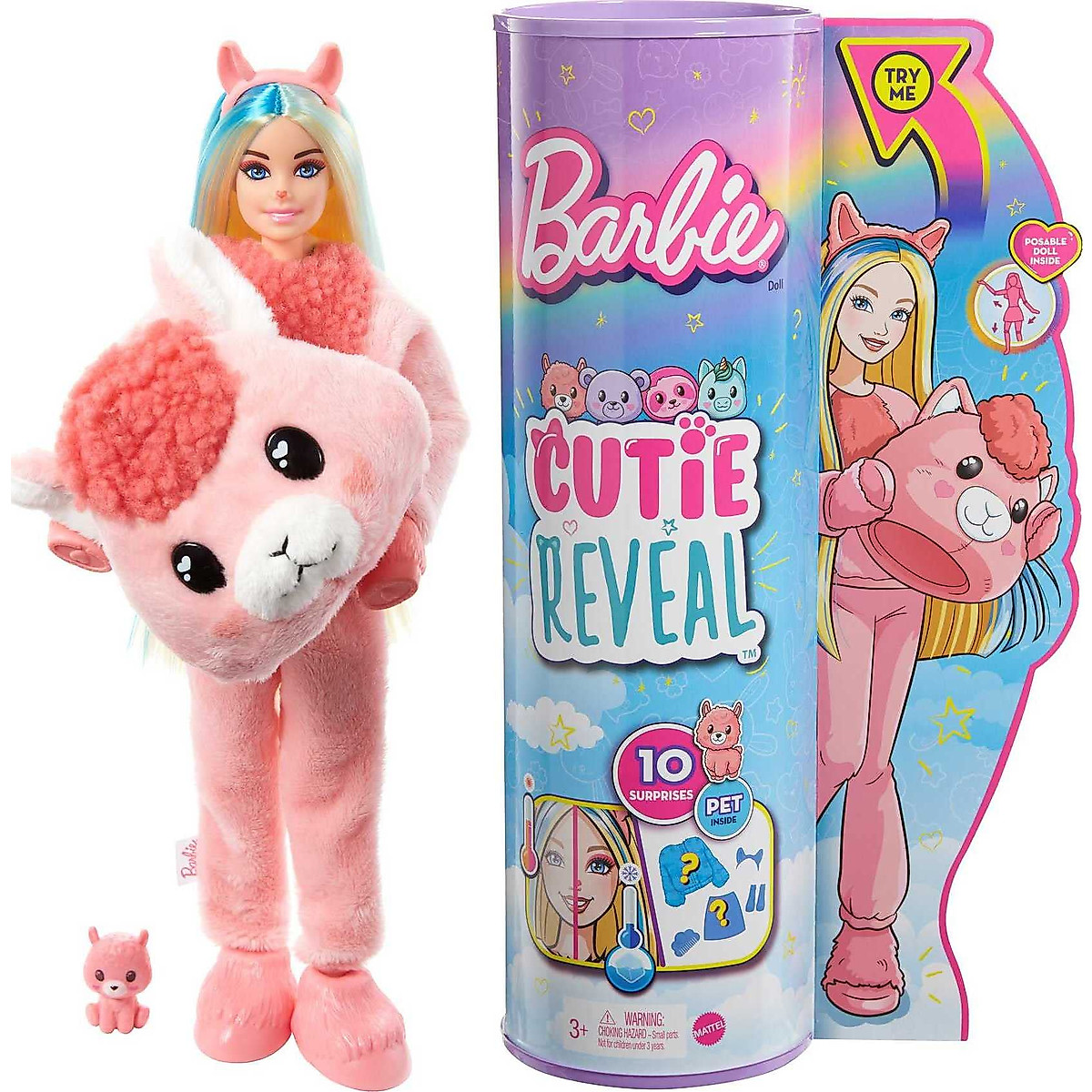 Barbie Cutie Reveal Doll, Fantasy Series Llama Plush Costume, 10 Surprises Including Mini Pet & Color Change