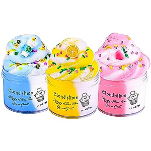 3 Pack Cloud Slime Kit, with Pink Peachs, Yellow Lemon and Blue Latte Cute Charms Cloud Slime, Educational Fidget Slime Toys for Kids, Birthday Gifts Party Favors for Girls Boys
