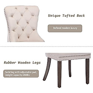KCC Velvet Dining Chairs Set of 2 (Renewed), Upholstered High-end Tufted Dining Room Chair with Nailhead Back Ring Pull Trim Solid Wood Legs, Nikki Collection Modern Style for Kitchen, Beige