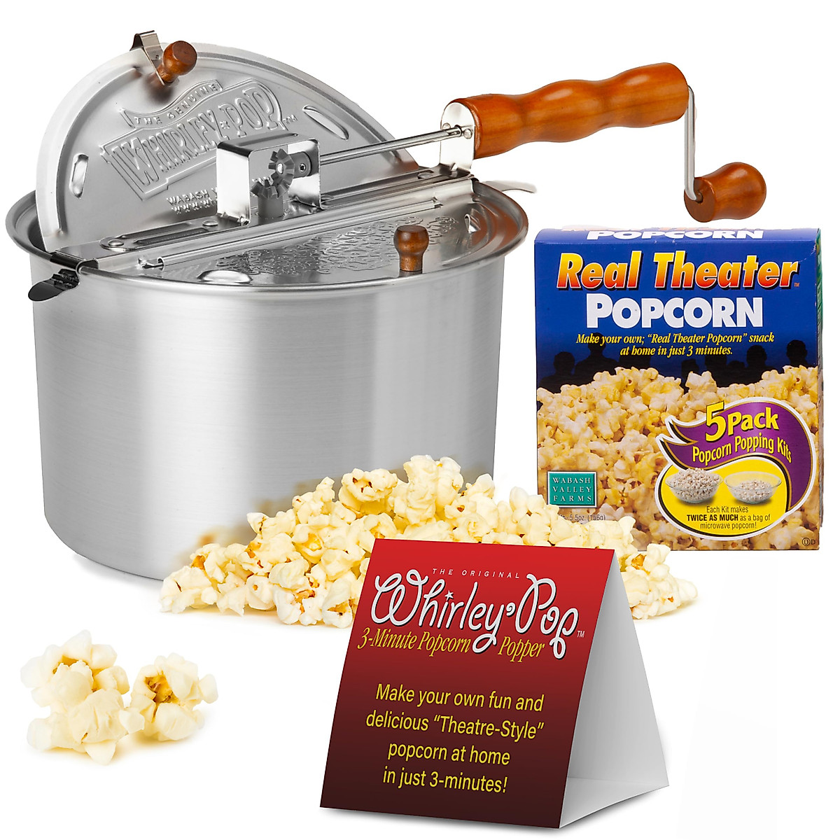 Original Whirley Pop Popcorn Maker - 6 Quart Stovetop Popcorn Popper With Five Popping Kits, Aluminum Popcorn Pot With Metal Gears, Wabash Valley Farms Stove Top Popcorn Maker, Popcorn Pan (Silver)