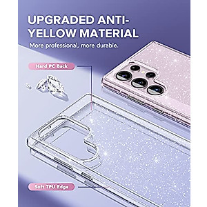 HORTUNE for Samsung Galaxy S23 Ultra Case Glitter,with 2 Camera Lens Protector,[Not Yellowing] Crystal Shockproof Case,Slim Phone Cover Woman for S23 Ultra 6.8" 2023 (Clear Bling)
