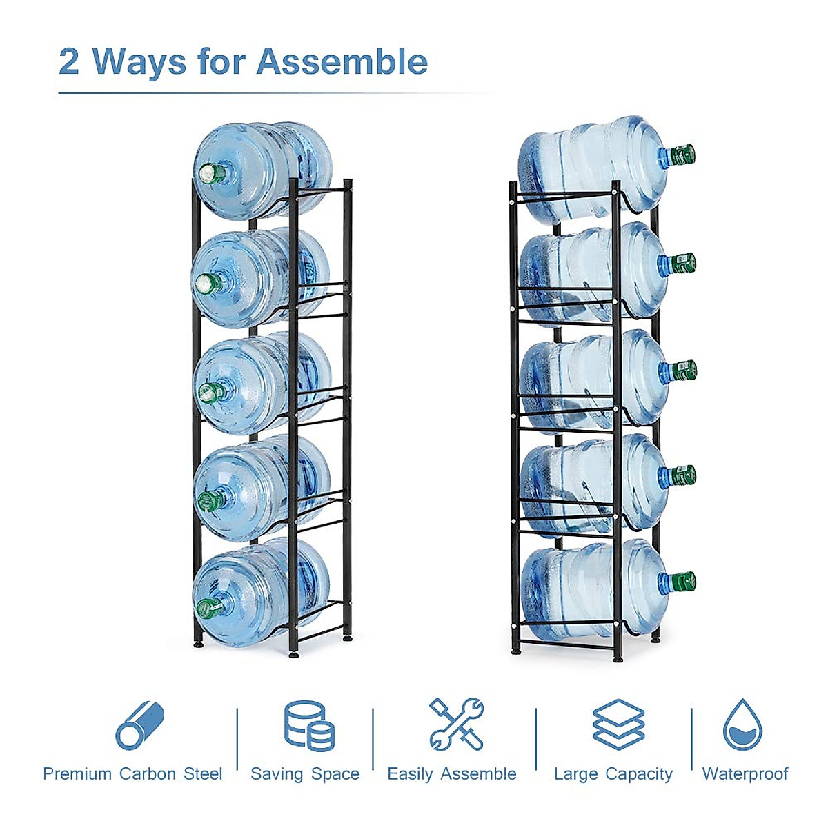 Water Cooler Jug Rack Dispenser 5 Tier Stainless Steel Heavy Duty Detachable Water Bottle Storage Shelf Organizer for 5 Gallon Water Jug Holder for Home Office Kitchen Breakroom