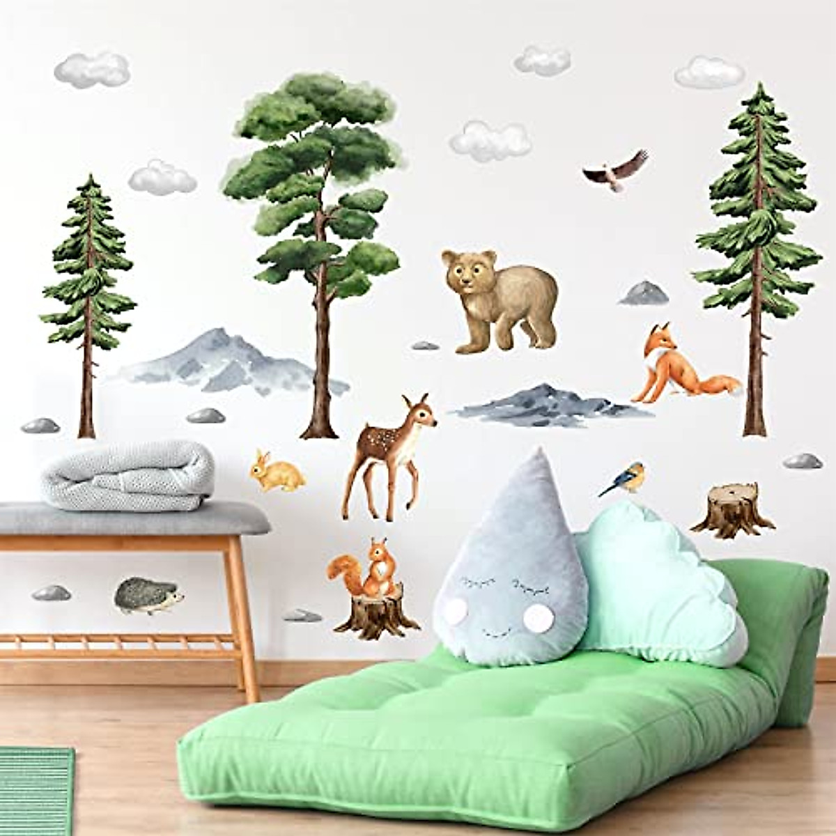 Jungle Animals Wall Decals,Cartoon Animals Wall Stickers,Watercolor Tree Animal Wall Stickers,Nursery Wall Decor Woodland Wall Decals,Bear Forest Animal Wall Decal for Kids Room Bedroom Playroom Decor
