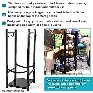 Sunnydaze Firewood Log Rack with Tool Holder Hooks - Indoor/Outdoor Durable Powder-Coated Steel Space-Saving Design - Black