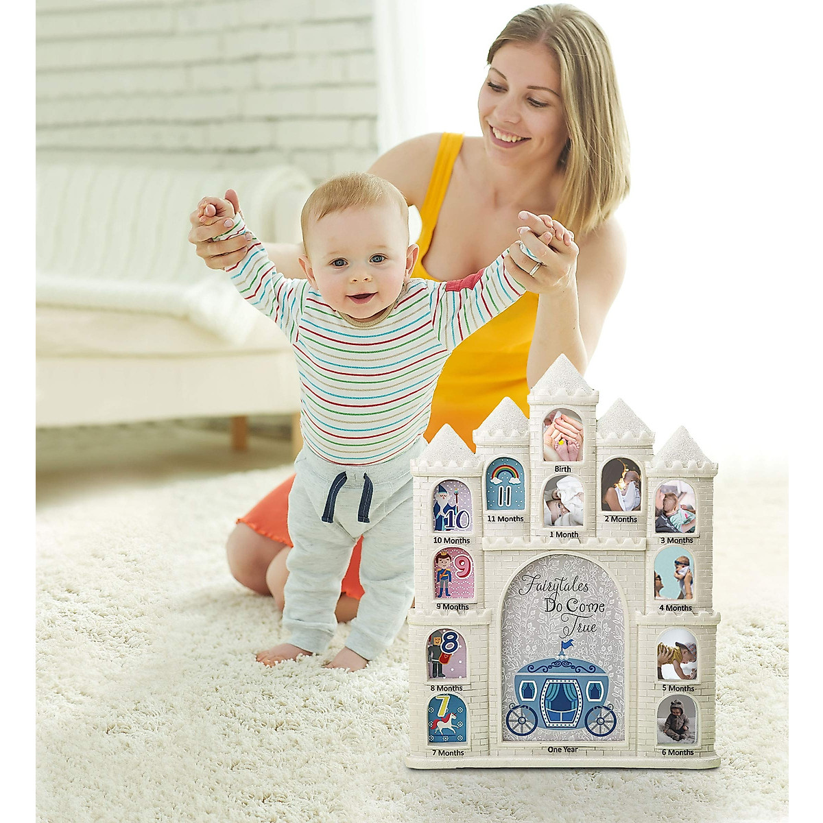 Mozlly White Fairy Tales Do Come True Castle Baby First Year Collage Photo Frame Glitter Finish 12 x 9.5 Inch Nursery Room Decor for Little Prince & Princess 1 Month-1 Year Pictures