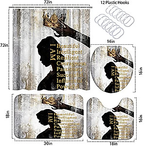 SiMiWOW African American Black Girl with Gold Crown Motivational Shower Curtain Set with Rugs Girls Bathroom Decor Curtain with Mats, Set of 4