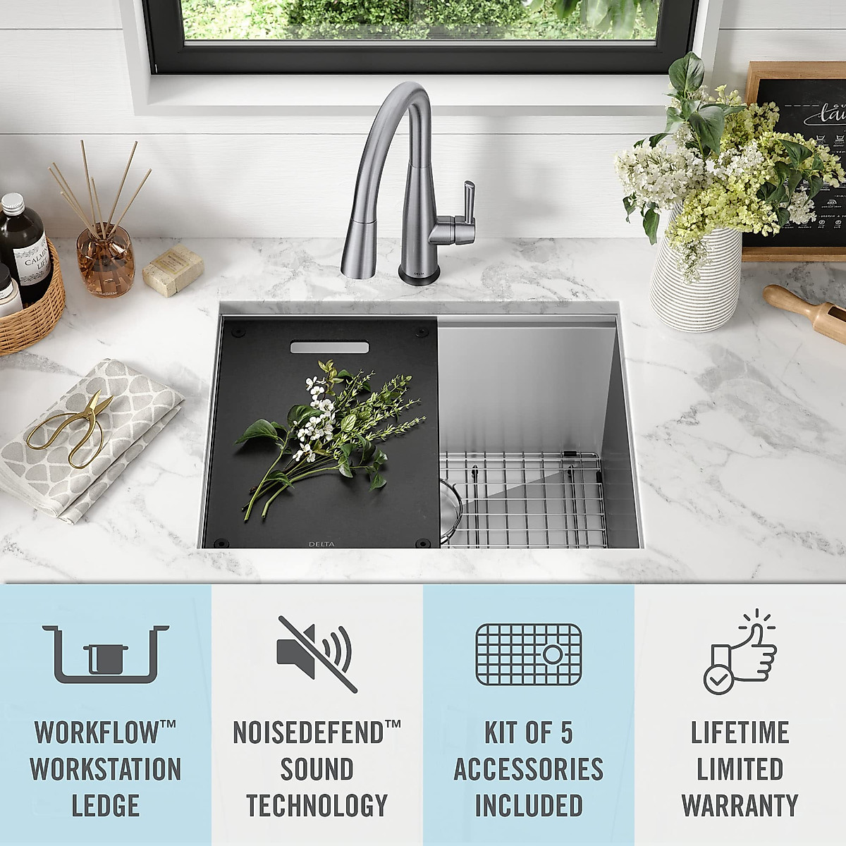 DELTA FAUCET Rivet 24-inch Workstation Laundry Utility Kitchen Sink Undermount 16 Gauge Stainless Steel Single Bowl with WorkFlow Ledge and a Kit of 5 Accessories, 95B9031-24SL-SS