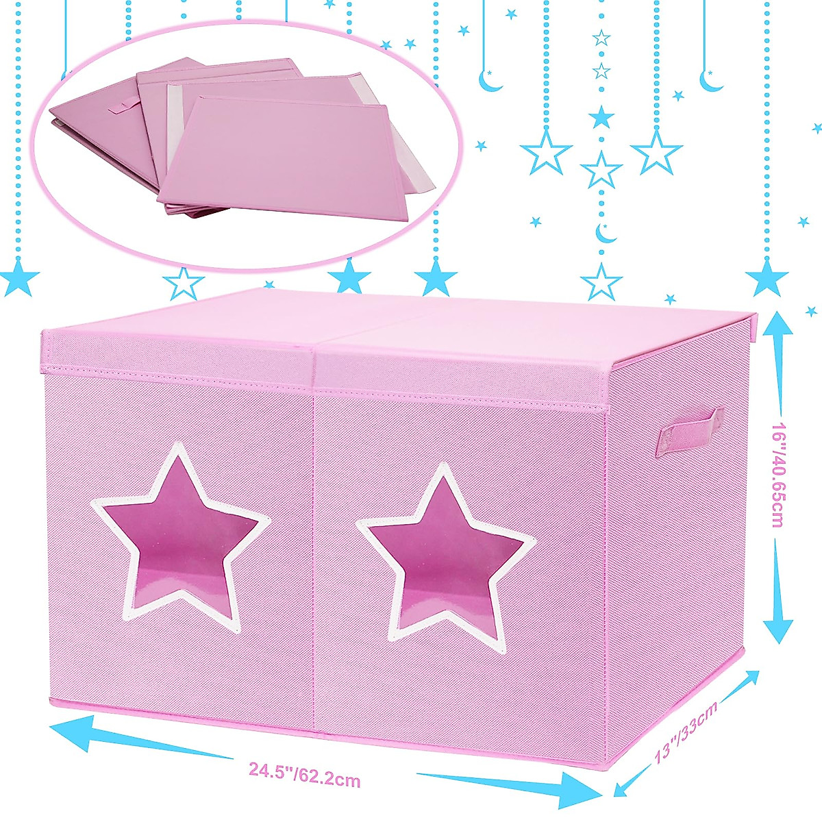 Xmasorme Large Toy Box Chest,Collapsible Sturdy Storage Bins with Lids,Large Kids Toy Storage Organizer Boxes Baskets for Kids,Boys,Girls,Toddler,Nursery Room,Playroom(Pink Star)