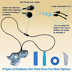 Chew Necklaces for Sensory Boys, Chewy Necklace Sensory Kids with ADHD, SPD, Teething, Biting Needs, Silicone Chew Toys for Autism Kids Reduce Fidget, Toddler Adult Chew Necklace 5 Pack (Grey)