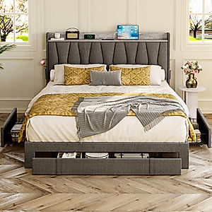 ANCTOR Queen Size Bed Frame with Storage Headboard and Charging Station, Upholstered Platform Bed with 3 Drawers, No Box Spring Needed, Easy Assembly, Grey