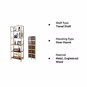 Crofy No Assembly Folding Bookshelf, 5 Tier Gold Bookshelf, Metal Book Shelf for Storage, Folding Bookcase for Office Organization and Storage, 12.87 D x 22.91 W x 68.1 H Inches