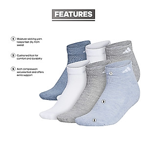 adidas Women's Athletic Cushioned Cut Socks (6-Pair) Low Profile Arch Compression for a Secure Fit, Heather Grey/Washed Denim Blue Heather/White, Medium