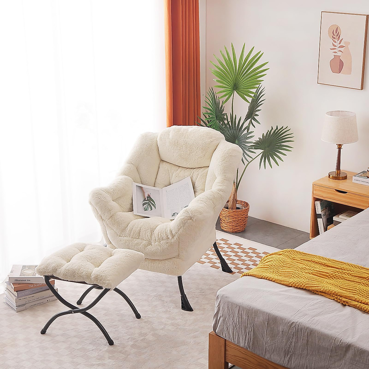 Welnow Lazy Chair with Ottoman, Modern Lounge Accent Chair with Armrests and a Side Pocket, Leisure Sofa Chair, Reading Chair with Footrest for Small Space, Corner Chair, Plush Beige