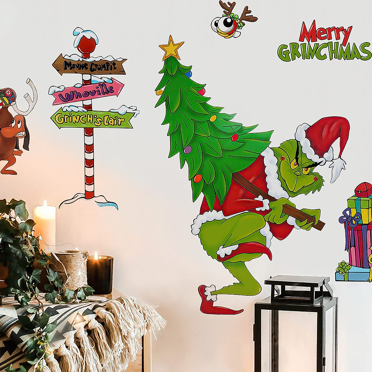Yovkky Merry Christmas Wall Decals Stickers, Xmas Tree Sign Holiday Max Dog Decor, 2024 New Year Winter Green Red Farmhouse Home Kitchen Decorations Kids Boys Girls Bedroom Art Gift