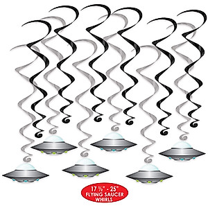 Beistle 24 Piece Flying Saucer Whirls Hanging Spirals, 17.5" - 25", Black/Silver/White/Blue/Green