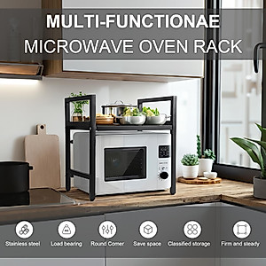 pelreame Microwave Rack,with Hook Expandable Small Microwave Stand,Kitchen Countertop Utensils and Cutlery Organizer,Microwave Stand Countertop,Kitchen Microwave Stand with Storage Space Savers…