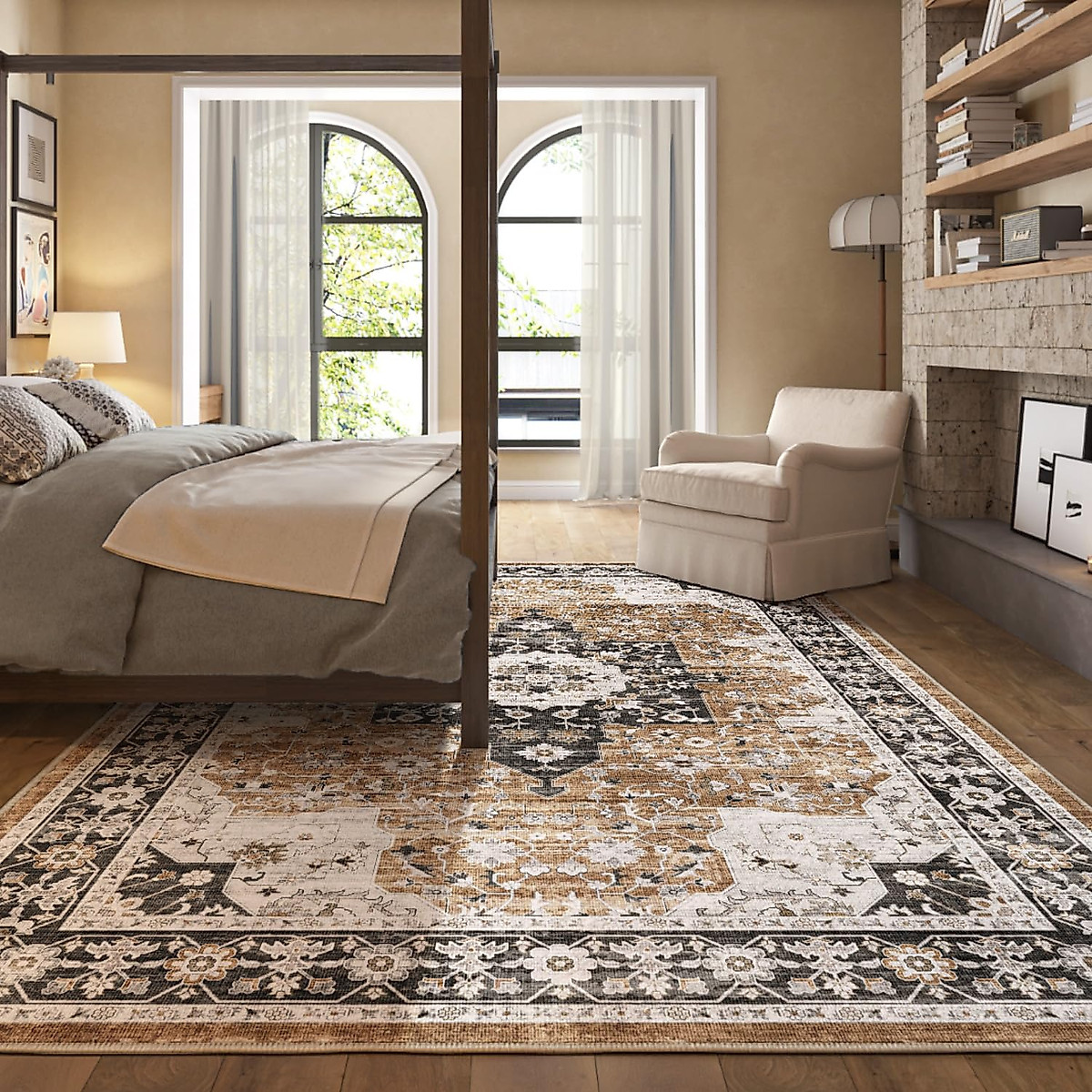 DEXI Washable Area Rug, Soft Vintage Indoor Rugs for Bedroom Living Room Kitchen Dining Room, Non-Slip Low-Pile Floor Carpet Mat for High Traffic Inside House, 8'x12', Brown